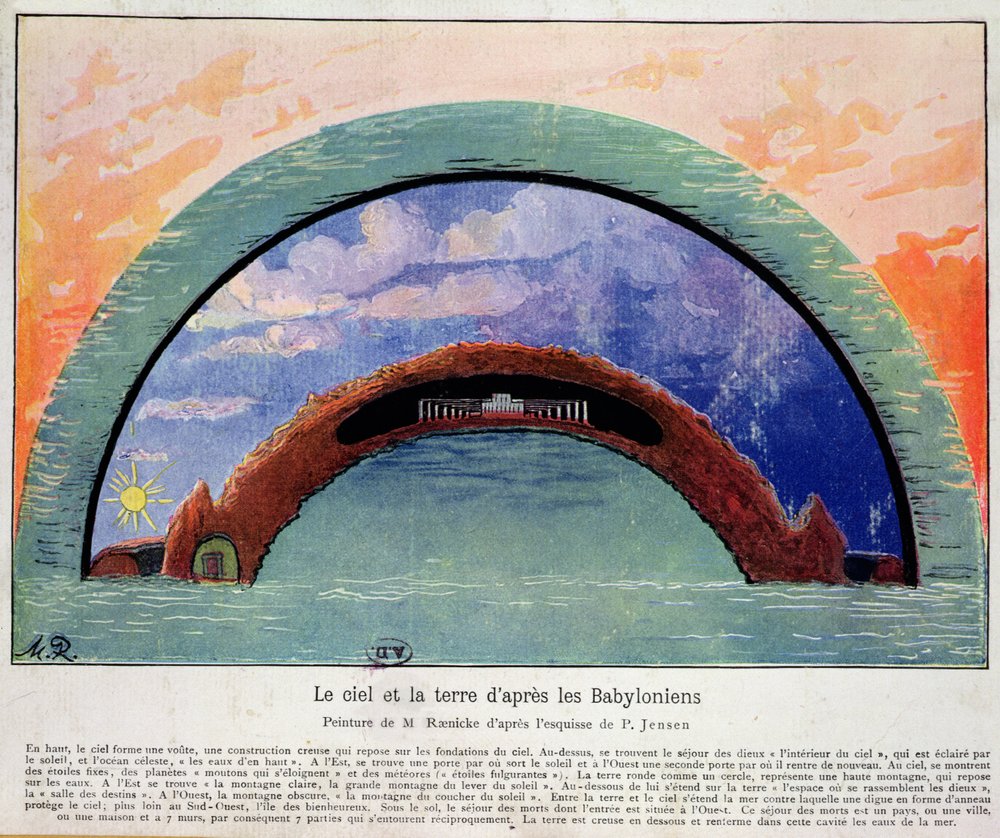 Representación del cielo y la tierra según los babilonios, según un boceto de Jensen, P.